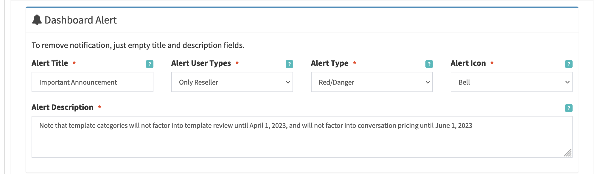 Displaying Dashboard Notification Smpp Center